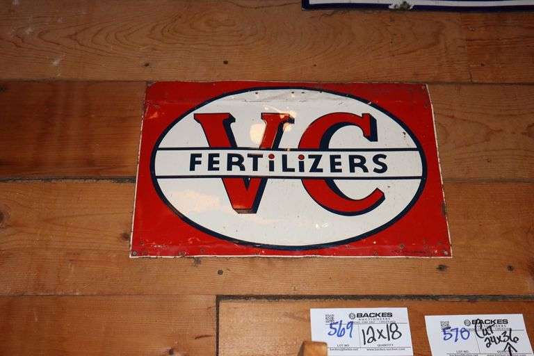 VC Fertilizers 12" x 18" metal wall sign - Backes Commercial Auctioneers