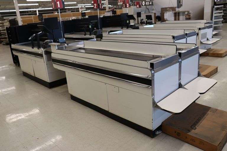 Set of 3 Burroughs 24" x 96" metal framed conveyor check out stations ...