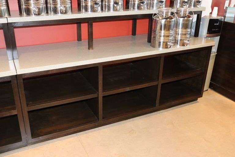 26" x 85" Maple wall cabinet w/ gray solid surface top & upper display ...