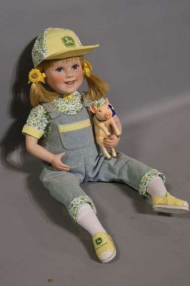 Porcelain Jessie Farm girl John Deere doll with porcelain pig & box ...