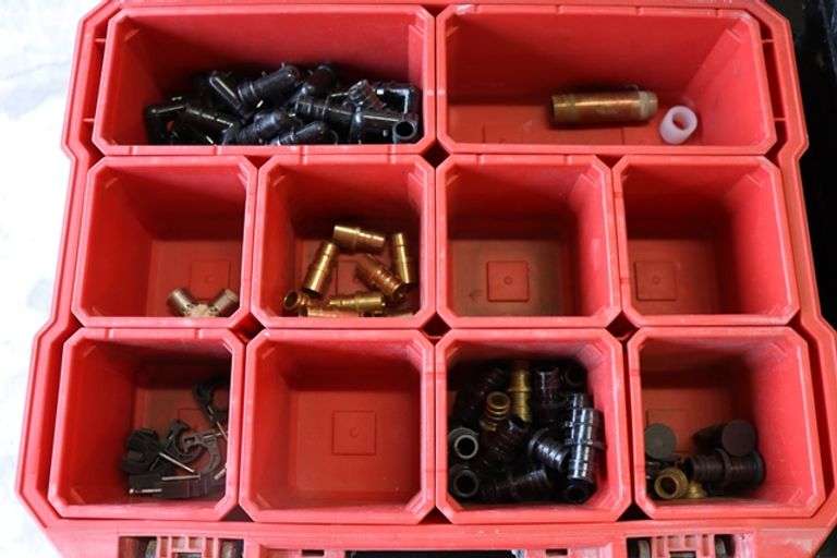 Milwaukee 14" x 18" plastic organizer with pex elbows, caps, & fitting ...
