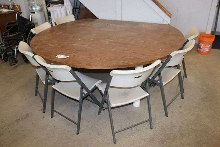 7' round cut wood laminate top break table with 7 metal framed poly ...