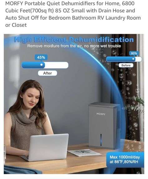 MORFY Portable Quiet Dehumidifiers for Home, 6800 Cubic Feet(700sq ft ...