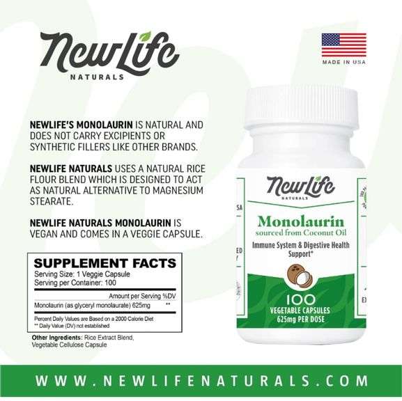 New (5) NewLife Naturals Monolaraurin Dietary Supplement - 625mg ...