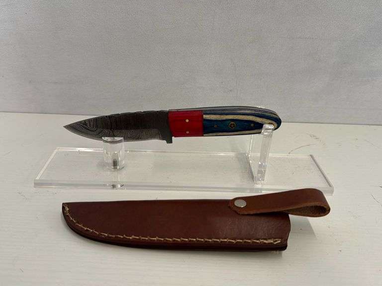 New demascus fixed blade knife with sheath - Bluegrass Bids