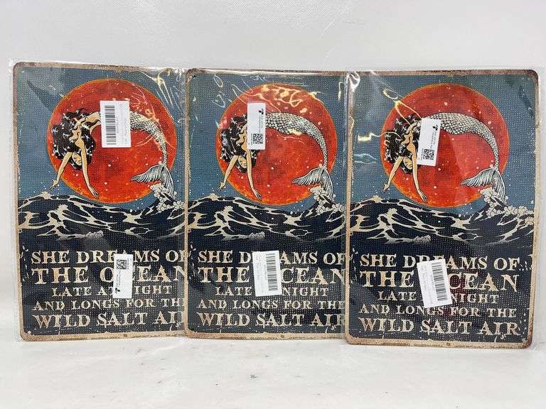 New lot of 3 metal mermaid tin signs. 8x12in - Bluegrass Bids