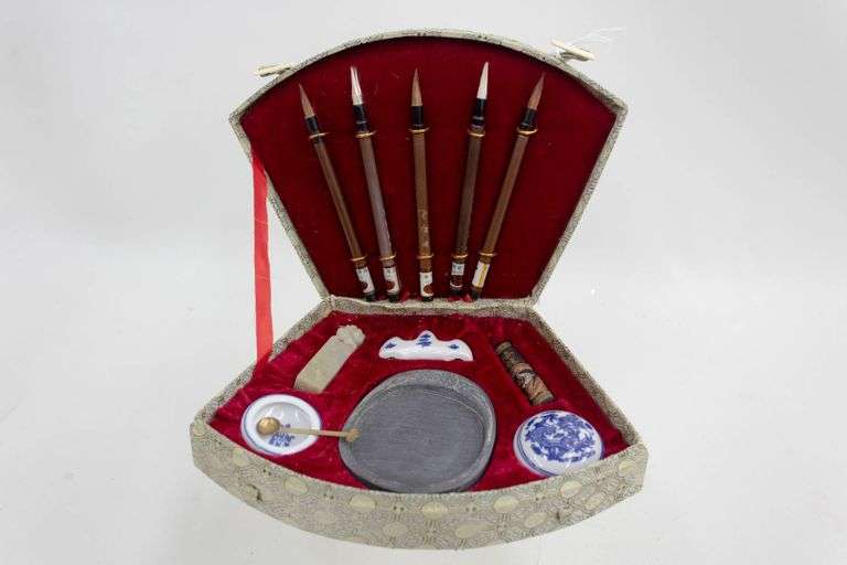Chinese calligraphy set in fan shaped fabric-covered box lined in red ...