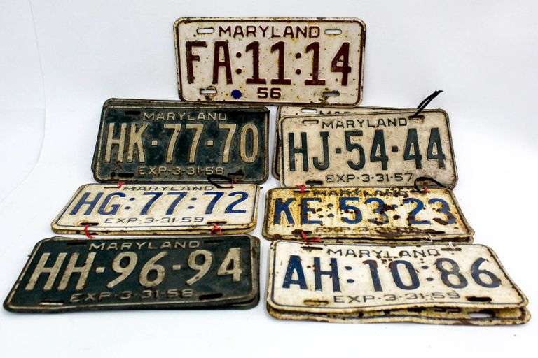 Maryland vintage license plates, includes pairs from 1959, 1959, 1958 ...