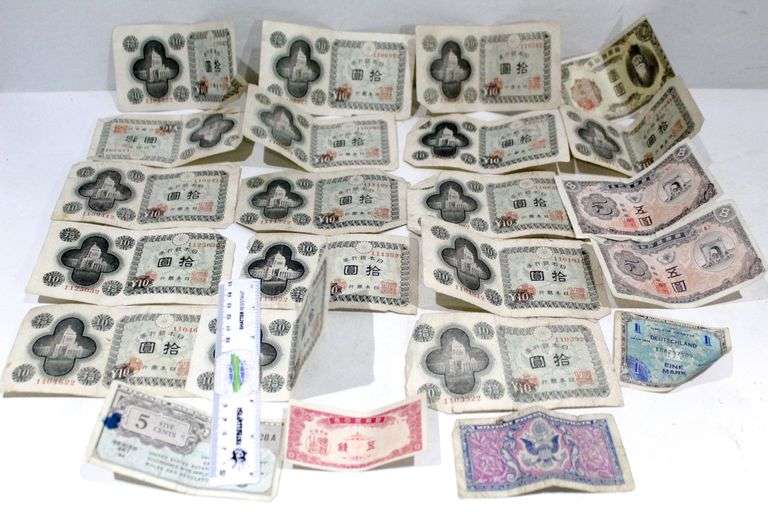WW2 Vintage Military scrip , And Japanese early post war 10 yen notes ...