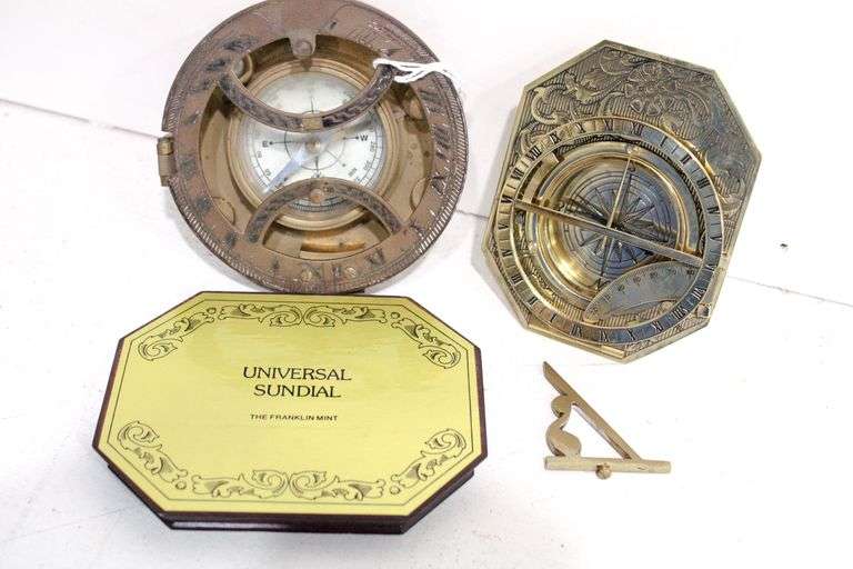 Universal Sundial With Compass By Franklin Mint 1987 And Antique Brass Sundial Compass Made