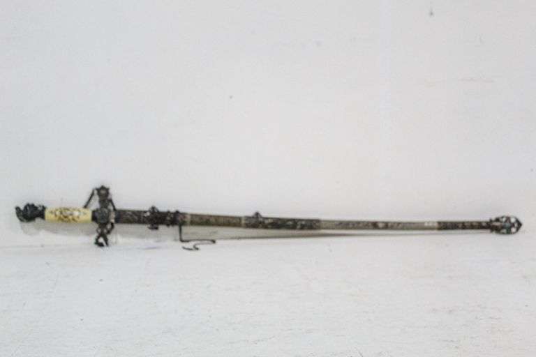 Heavily embellished vintage sword with scabbard 39" long - Geo H ...