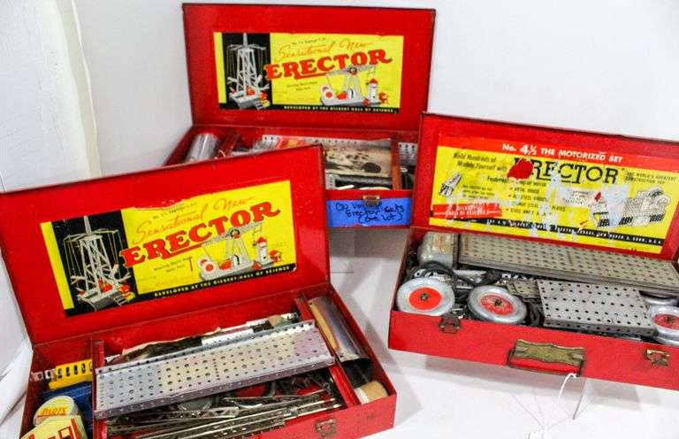 Set of 3x vintage Erector sets in the original red metal containers ...
