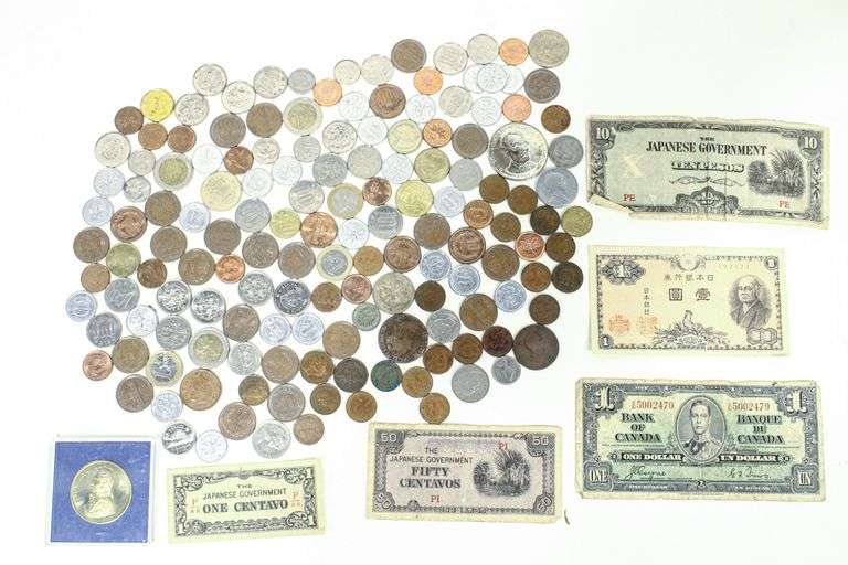 Vintage and semi modern foreign coins and Japanese ww2 military scrip ...