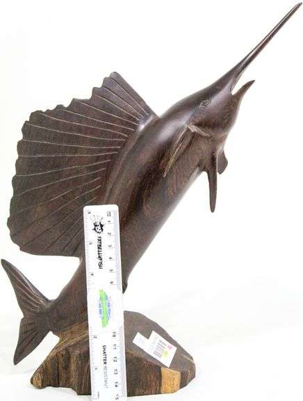Carved Tropical Hardwood Swordfish Statue Figurine - may be signed work ...