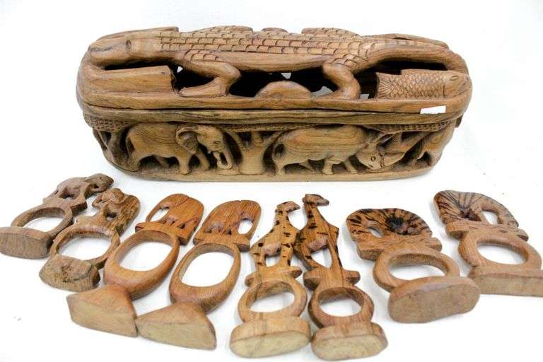 African inspired carved wood keepsake box with lid (12"x6") and ...