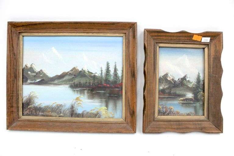 Original mountain landscape paintings in wooden frames by Chas (Charles ...
