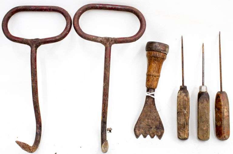Primitive ice block handling equipment: two forged iron bale ice hooks ...
