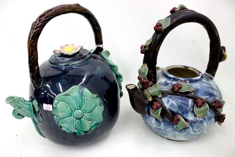 Hand made teapots with berries -and- floral accents, 12". Two items ...