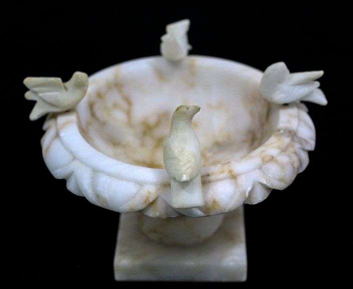 19th-Century Alabaster Miniature Bird Bath with Pigeons Birds - 4 x 5 ...