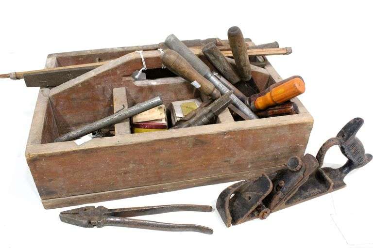 Collection of Vintage Hand and Wood Working Tools in a Primitive Wood ...