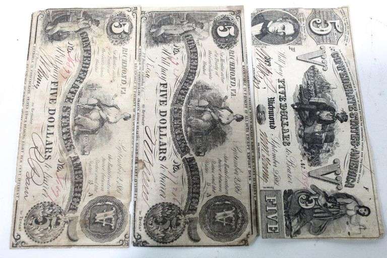 Confederate States currency , Three $5 Bills , T36 , dated September ...