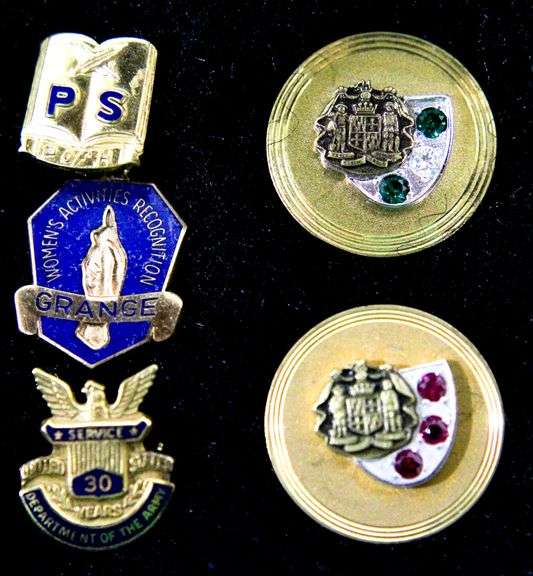 Two 10 KT Gold Merit Pins, one with 3 Rubies and one with 2 emeralds ...