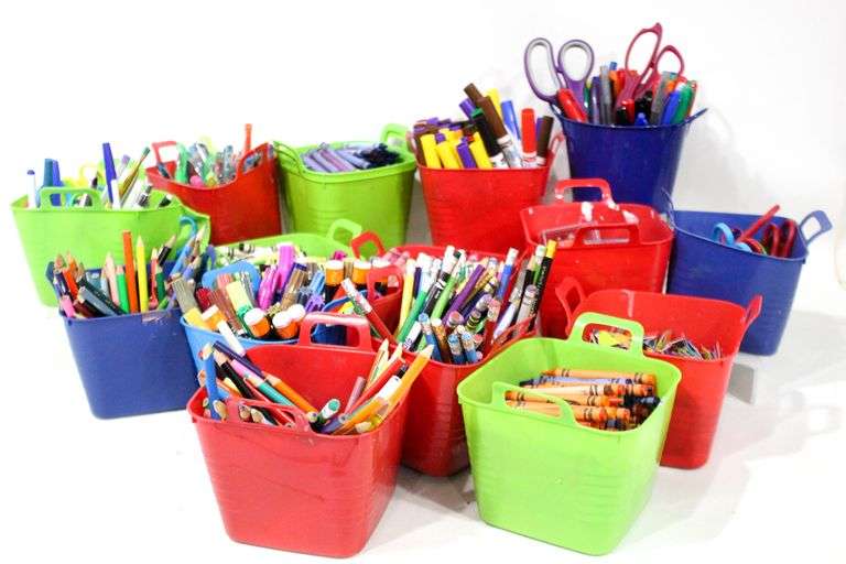 Buckets of Crayons, Markers, Scissors and More Craft Essentials ...