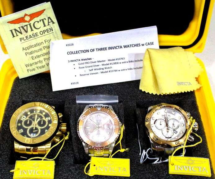 Collection of Three Invicta Wristwatches with Display Case ...
