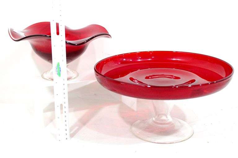 Ruby Red Art Glass Cake Stand Round Pedestal Controlled Bubbles - and ...