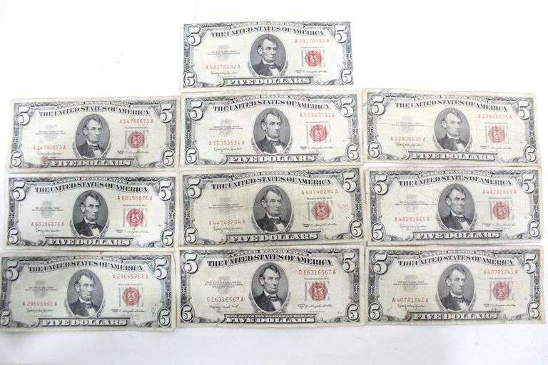 Red Seal Five Dollar Bills 1963. Ten items. - Bunting Online Auctions