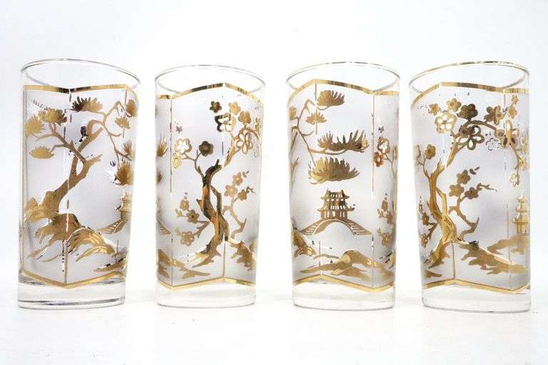 Gold Gilt and Frosted Overly Chinoiserie Fred Press Style Glassware ...