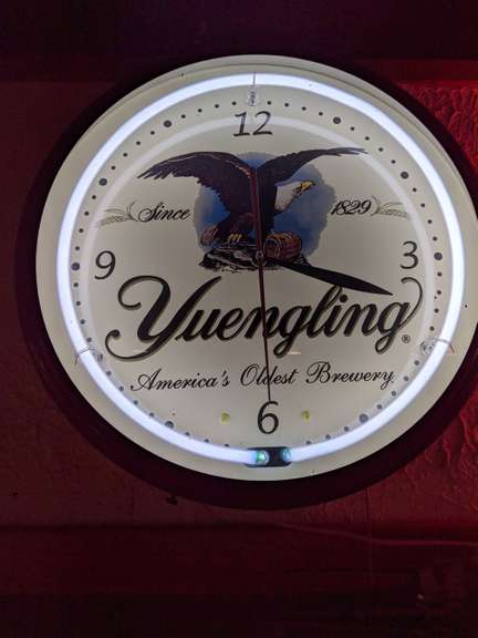 Yuengling Wall Clock with White Neon Light Ring - Bid On Estates