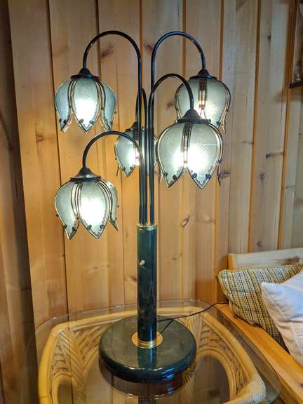 Large Table Lamp with Drooping Etched Glass Flower Shades. - Bid On ...