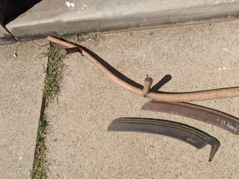 antique wooden scythe and 2 blades - Bid On Estates