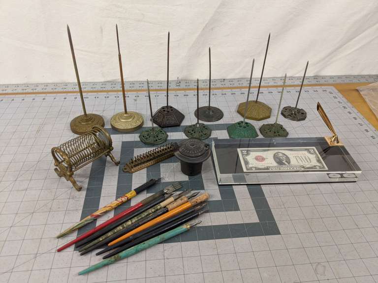 ANTIQUE DESK ACCESSORIES. PENS, $2 BILL IN LUCITE, INKWELL, PAPER ...