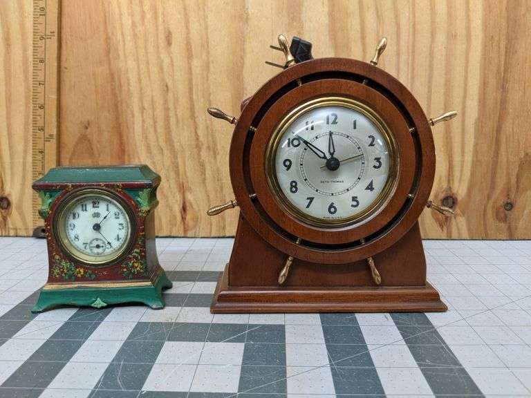 2 Clocks. Seth Thomas Ship's Wheel Clock and Small Jennings Brothers ...