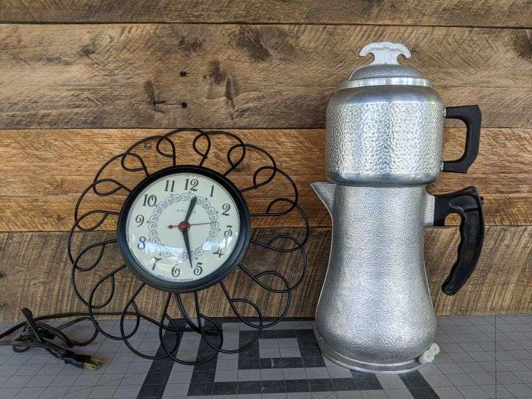 MID CENTURY WALL CLOCK AND CAST ALUMINUM PERCOLATOR - Bid On Estates