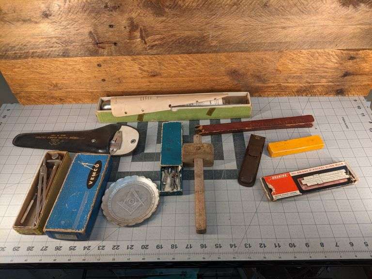 MASONIC TRAY, HYDROMETER, VISCOMETER, MEASURING TOOLS - Bid On Estates ...