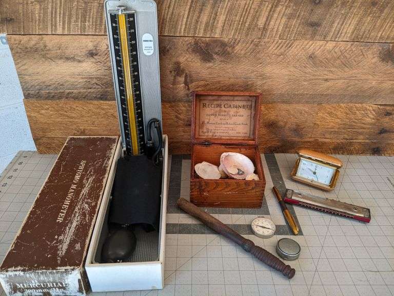 Sphygmo Manometer, Oak Box with Shells, Mini Baton, Compass, Powder Box ...
