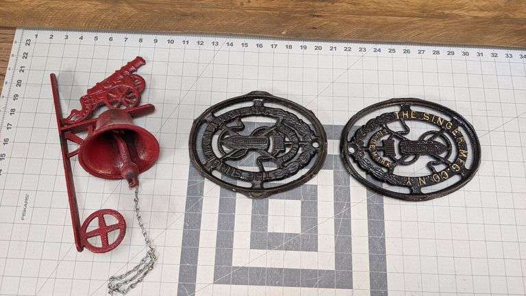 Cast Iron. Singer Sewing Machine Plaques and Bell with Tractor - Bid On ...