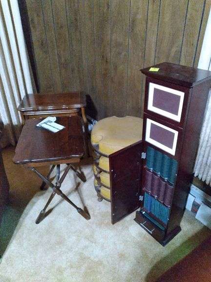 (Den: Grouping of furniture, Orange sofa and chair; 2 coffee tables ...