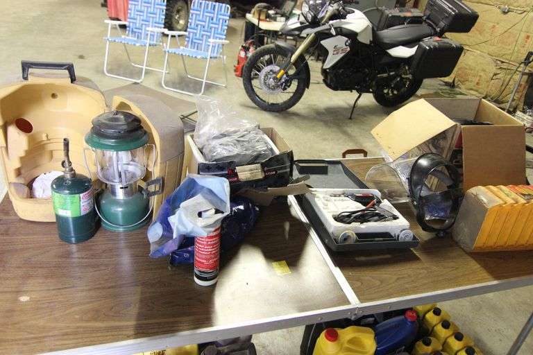 Tabletop lot of Coleman lantern with case, propane torch, Weller ...