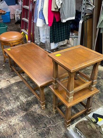Wooden coffee table with two matching side tables. Intricate design ...