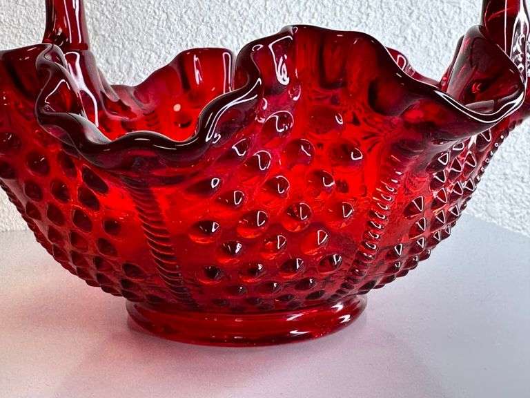 Deep Ruby Red Fenton Hobnail Glass Basket - Prime Time Auctions, Inc.