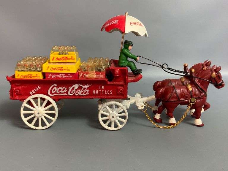 Vintage Cast Iron Coca Cola Wagon & Horses with Coca Cola Crates and ...