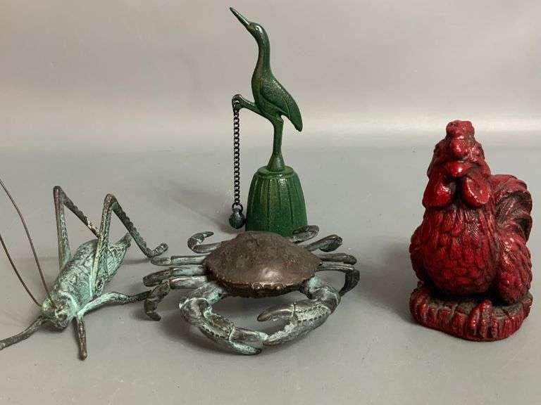 Metal/Cast Iron Critters (4) Cranb, Grasshopper, Rooster and Crane Bell ...