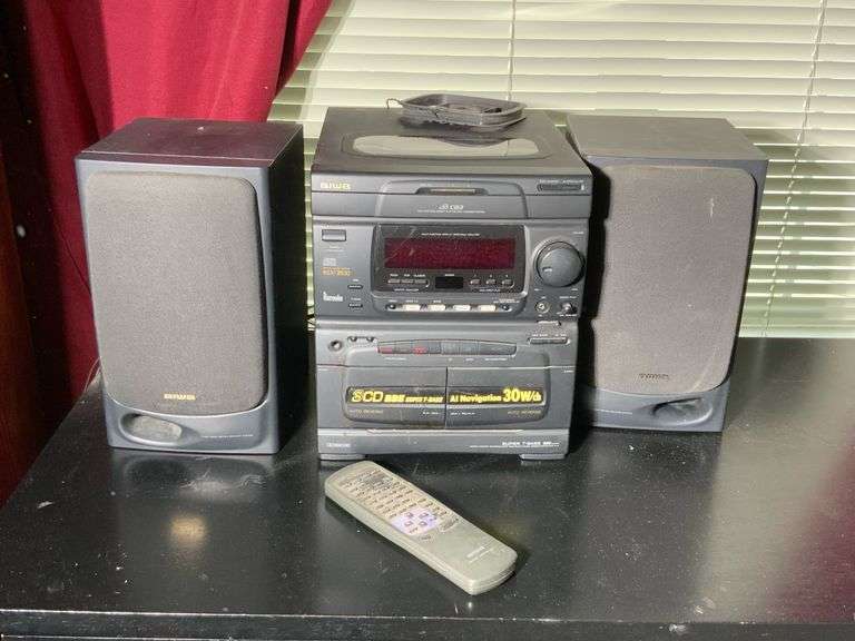 Aiwa Super T Bass Stereo System With 2 Speakers And Remote, Powers On ...