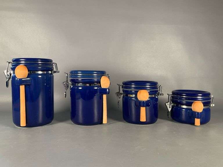 Belago Set Of 4 Cobalt Blue Ceramic Locking Canisters With Wooden ...