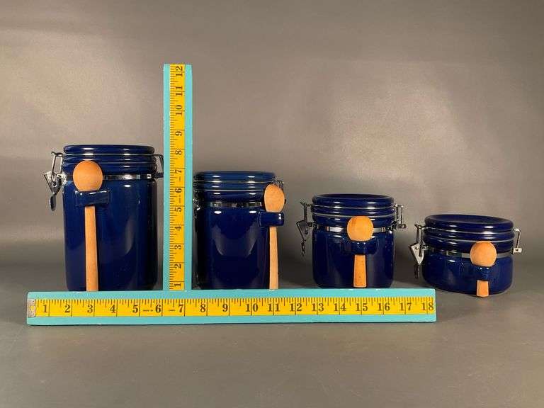 Belago Set Of 4 Cobalt Blue Ceramic Locking Canisters With Wooden ...