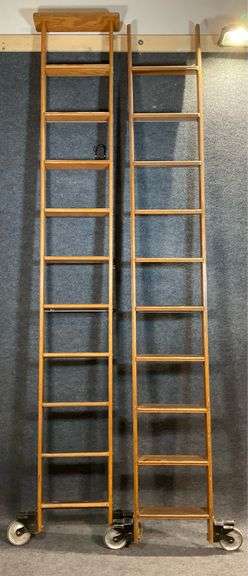 (2) Very Tall Vintage Wooden Library Ladders, Approximately 113” Tall ...